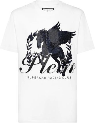 Philipp Plein Jersey T-Shirt Rundhals Racing Club - - Tops - Herren - Wei&szlig; - S
