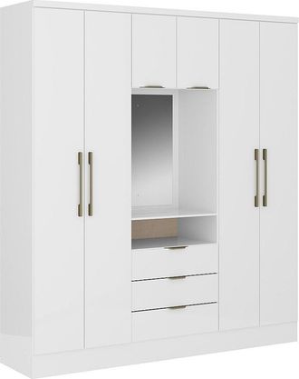 Vente-Unique Kleiderschrank mit 6 T&uuml;ren & 3 Schubladen + Spiegel - 180 cm - Wei&szlig; - ELORIO