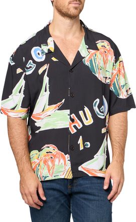 HUGO BOSS Herren Relaxed Beach Shirt &Uuml;berwurf f&uuml;r Schwimmbekleidung, Schwarze Tropische Segel, XX-Large