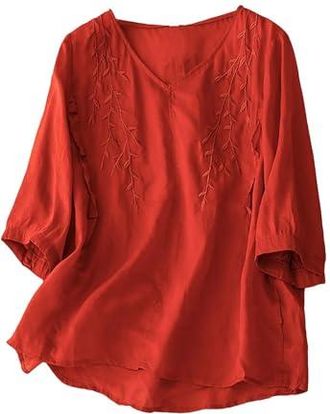 Generic T-shirt &eacute;l&eacute;gant pour femme - Col en V - Chemisier en lin &agrave; manches courtes - Chemise d&eacute;t&eacute; l&eacute;g&egrave;re et a&eacute;r&eacute;e - Chemisier en mousseline - Broderie - Chemi