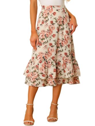 Allegra K Damen Bedruckter Rock Chiffon Elastische Taille R&uuml;schen Tiered Flowy Midi R&ouml;cke, Beige Pink-Blumenmuster, Klein