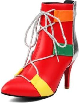 Generic Bottes Femme Cheville Bout Pointu À Lacets Talons Aiguilles Hauts Bicolores Fermeture Éclair Doublure Douce Chaussures Soirée,Rouge,35.5 EU