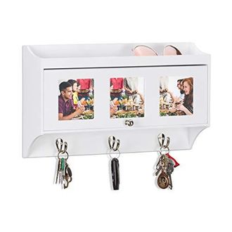 Relaxdays weiß Wandgarderobe mit Bilderrahmen, 3 Metallhaken, magnetisch schließendes Fach, Ablage, Holz, HBT 25x43x9cm, Standard