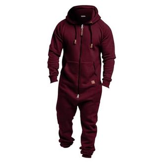 Generic Pyjama Grenouill&egrave;re Homme Combinaison Capuche Zipp&eacute; Couleur Unie Jumpsuit &agrave; Manches Longues V&ecirc;tement Hiver 1 Pi&egrave;ce Chaud Rompe Jumpsuit Surv&ecirc;tement Zi