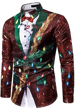 ZYUEER NoëL Chemise Homme A Fleur Imprimé Flocons De Neige Tops Chemise Col Mao Slim Fit Manche Longue Pas Cher Faux Deux PièCes Chemise Homme HawaïEnne (M, 