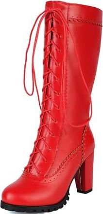 SJJH Bottes mi-longues avec fermeture &eacute;clair lat&eacute;rale | Bottes pour femme pour toutes les saisons, talon de 8,5 cm, la&ccedil;age r&eacute;glable, facile &agrave; porter, rouge