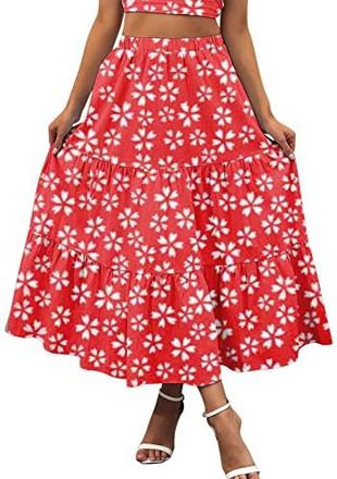 Generic Robe boh&egrave;me 2026 pour femme, jupe d&eacute;t&eacute; avec poche, poche et taille &agrave; plusieurs niveaux, pliss&eacute;e, longue balan&ccedil;oire, Rouge, L