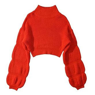Generic Pull court d&eacute;contract&eacute; &agrave; col roul&eacute; pour femme, coupe d&eacute;contract&eacute;e, manches lanternes, pull en tricot c&ocirc;tel&eacute; rouge, taille S pour le quotidien, le trav