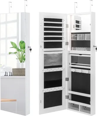 Costway Armoire &agrave; Bijoux Murale avec Miroir Pleine Longueur HD, Inclus Lumi&egrave;res Tricolores, Organisateur &agrave; Bijoux avec Rangement Verrouillable, pour