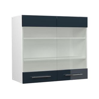 Vicco Meuble de cuisine haut vitr&eacute; Fame-Line, Bleu fonc&eacute; brillant, 80 cm Vicco
