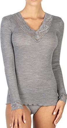 EGi Maillot Femme &agrave; Manches Longues en Micro Laine C&ocirc;tes Col V et Poignets en Dentelle, gris, X-Large