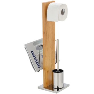WENKO Combin&eacute; wc 2en1 Portofino, Brosse wc et d&eacute;rouleur papier toilette, porte-revues, bambou - acier inox, 24,5x68x22,5 cm, marron - chrom&eacute; - Wenko