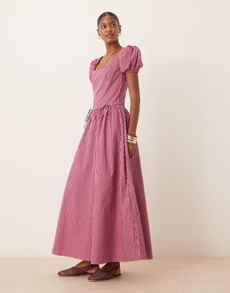 Glamorous Robe longue rayée en popeline à manches courtes et taille basse - Rouge et rose