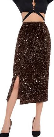 Generic Jupe longue en velours &agrave; paillettes pour femme Taille haute Ourlet fendu, caf&eacute;, L