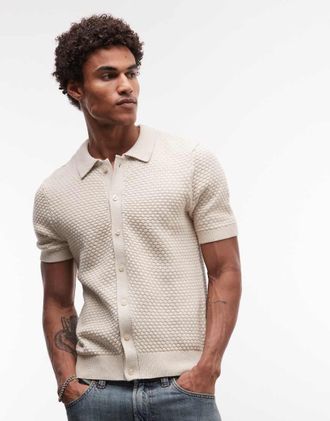 Capo Capo - Polohemd aus Jacquard in Steinbeige mit Knopfleiste-Neutral