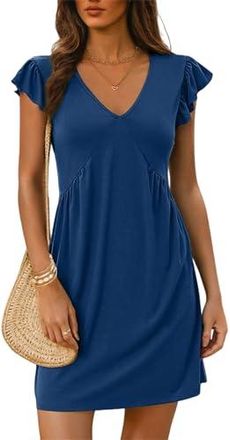 Generic Robe de plage d&eacute;contract&eacute;e &agrave; manches courtes et col en V profond pour femme, bleu, M