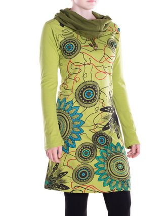 vishes Alternative Bekleidung - Damen Mandala-Kleid Schal-Kragen Langarm-Shirtkleid Baumwollkleid hellgr&uuml;n 36