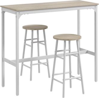 HOMCOM Homcom - Ensemble 2 places 3 pi&egrave;ces design contemporain - table de bar, 2 tabourets de bar - acier blanc aspect bois blanc