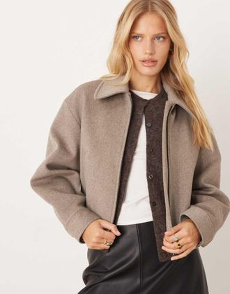 Mango Kurze Wollmix-Jacke in Beige mit Rei&szlig;verschluss-Neutral