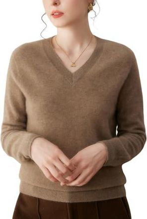 Dissa Pull Cachemire Femme Col V Uni Tricot&eacute; en Vrac Manches Longues Fin Pull en Cachemire et Laine,Marron-2,EU 38,MA9005