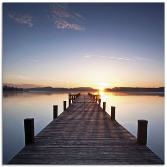 Artland ARTland Wanddeko Glasbilder Wandbild Glas Bild einteilig 50x50 cm Quadratisch Natur Landschaft See Sonnenuntergang Steg Wald Himmel Sonne T9MV
