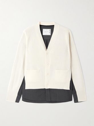 sacai Cardigan En Laine Et En Tissu À Rayures À Superposition - Blanc cassé