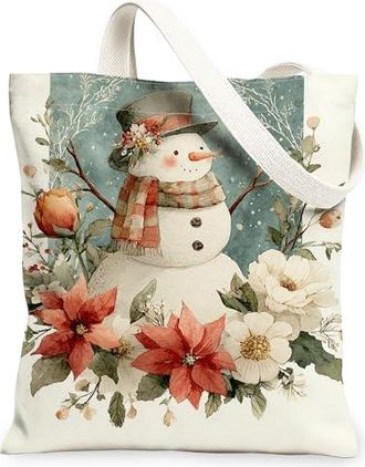 Generic Sacs fourre-tout en toile &agrave; motif floral dhiver, mignon bonhomme de neige, sacs de courses r&eacute;utilisables, d&eacute;coratifs, vacances l&eacute;g&egrave;res, lavables, Blan