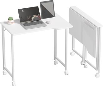 HOMCOM Kleiner Klapptisch, 80 cm faltbarer Computertisch auf Rollen f&uuml;r kleine R&auml;ume, platzsparender Schreibtisch mit Ger&auml;tehalterung f&uuml;r Homeoffice, Schlafz