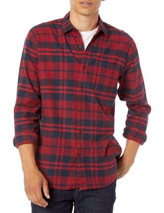 Amazon Essentials Herren Langarmhemd aus Flanell (in Übergröße erhältlich), Rot Karomuster, XXL