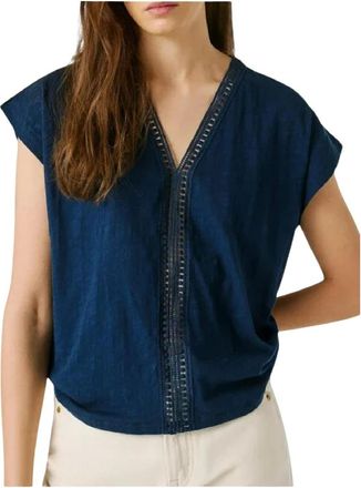 Pepe Jeans London Femme, Blouses et Chemises, Bleu, Taille: 40 FR Top en jersey &agrave; col en V