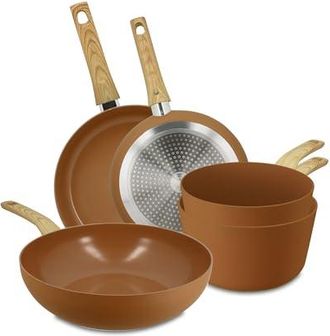 Menastyl Cuisson Set de 5 pi&egrave;ces Colorama noisette - Po&ecirc;les/Casseroles/Wok - En aluminium - Rev&ecirc;tement antiadh&eacute;sif en c&eacute;ramique - Tous feux dont induction