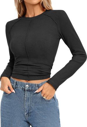 Kate Kasin Damen L&auml;ssig Slim Fit Lang&auml;rmeliges Einfarbig T-Shirt Mit Rundhalsausschnitt Schwarz XL