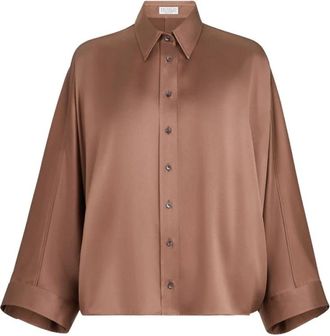 Brunello Cucinelli Chemise en soie stretch satin&eacute;e - Femme - Blouses et Chemises - Brun - Taille: 38 FR
