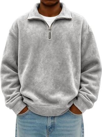 Generic Sweat-shirt pour homme sans capuche, t-shirts &agrave; manches longues avec fermeture &eacute;clair 1/4, pull de transition, doublure chaude, d&eacute;contract&eacute;, haut de f