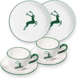 Gmundner Keramik Breakfast for two Classic Geschirrset grüner Hirsch Geschirr, handgemacht in Österreich