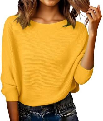 Generic Pull chauve-souris pour femme - Col bateau - Épaules dénudées - Pull ample en tricot côtelé pour femme - Pull ample en tricot côtelé - Haut décontract