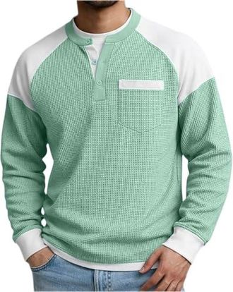 Generic T-shirts gaufr&eacute;s pour homme avec demi-boutons Henry - Manches longues - Col en V - Grande taille - Doux et respirant - Costume de sport pour cadeaux q