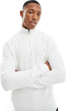 Polo Ralph Lauren Pull en maille de coton &agrave; col zipp&eacute; avec logo embl&eacute;matique - Blanc cass&eacute;