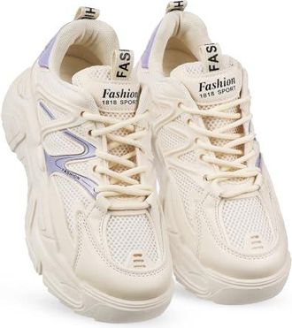 Garneck Sneakers Femme &agrave; Lacets Style Chunky Semelle &Eacute;paisse Confortables pour Sport et Usage Quotidien Beige