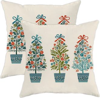Generic Weihnachts-Kissenbez&uuml;ge, 2er-Set, bunte Baumpflanzen, dekorative Kissenbez&uuml;ge f&uuml;r Ferienhaus, Sofa, Bett, Couch, Bauernhaus-Stil, 40,6 x 40,6 cm