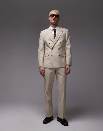 Topman Pantalon de costume droit en lin m&eacute;lang&eacute; - Taupe-Neutre