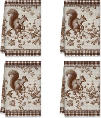 Generic Küchenhandtücher mit Eichhörnchen-Motiv, rustikaler Bauernhaus-Zweig,, Braun, weiche Bar-Handtücher, Café-Bar, Dekoration, 40,6 x 61 cm (4 Stück)