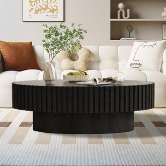 Generic Ovaler Trommel-Couchtisch, moderner, einzigartiger, handgefertigter, geriffelter Couchtisch mit stabilem Sockel, zeitgen&ouml;ssischer ovaler Holz-Beistell