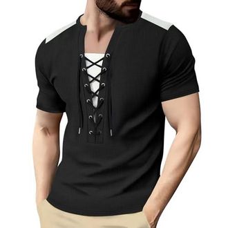 Generic Chemise d&eacute;t&eacute; l&eacute;g&egrave;re Henley pour homme - Col en V - Manches courtes - Motif gaufr&eacute; - Chemise d&eacute;contract&eacute;e - Polo avec lacets - Chemise &agrave; manches courte