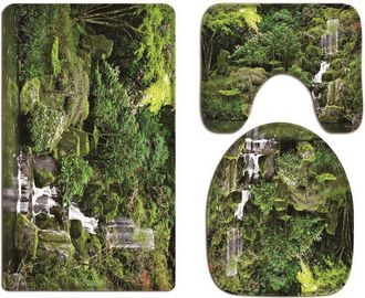 A.Monamour Badezimmer Badematte 3 Teilig Set Gr&uuml;ne B&auml;ume Wald Berg Felsen Steine Wasserfall Gedruckt Teppich F&uuml;r Toilettenzubeh&ouml;r Flanell Saugf&auml;hig Badteppiche B