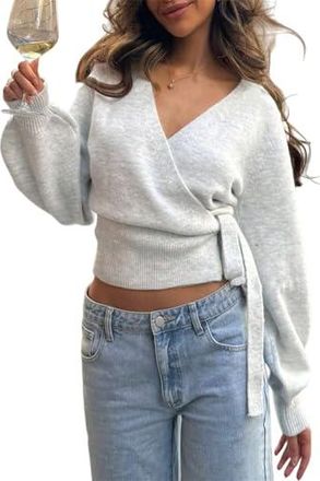 Generic Pull cache-coeur &agrave; col en V pour femme - Manches longues - Taille cintr&eacute;e - Haut court dautomne en tricot l&eacute;ger &agrave; nouer sur le c&ocirc;t&eacute;, gris, XL