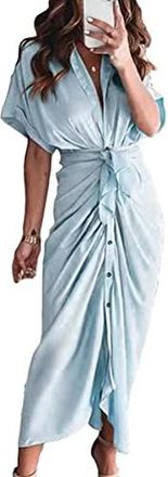 Minetom Robe Longue Femme Ete Col V Robe De Plage Boho Robe Floral Décontractée Manches Courtes Maxi Robe Cocktail Soirée A Bleu S