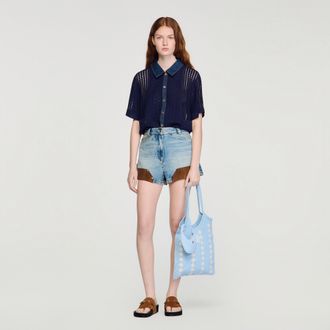 Sandro Cardigan in H&auml;keloptik und Denim