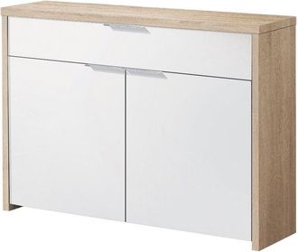 PEGANE Table console, meuble console avec 2 portes et 1 tiroir coloris chêne cambrian, blanc- longueur 101 x profondeur 30 x hauteur 76 cm