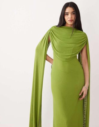 Asos Drapiertes Netzstoff-Maxikleid in Gr&uuml;n mit Cape-Detail